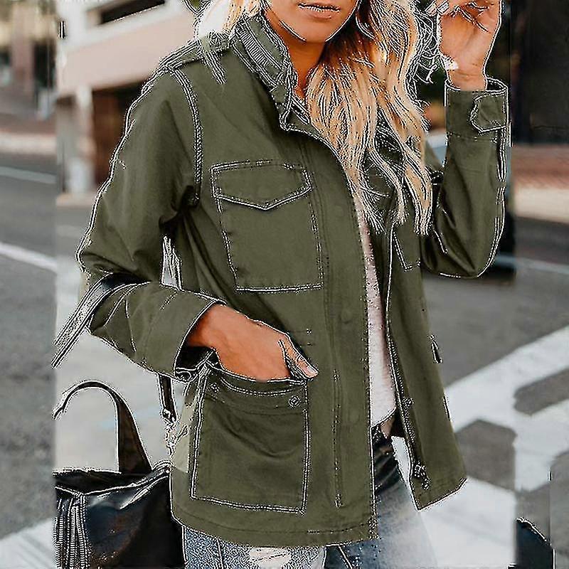 Ladies Snap Buttons Military Jacket Streetwear Fall Coat Long Sleeve ...