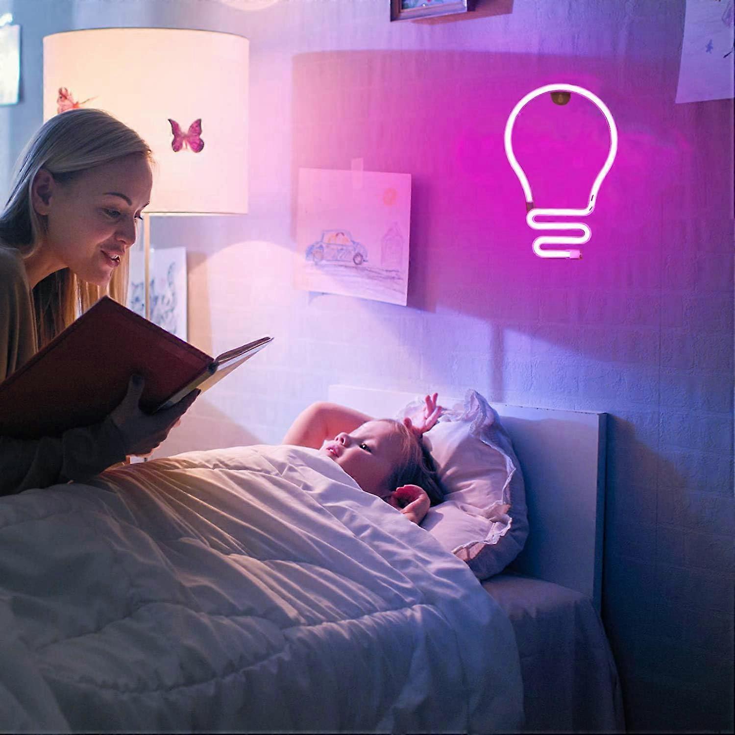 Pink Light Bulb Neon Signs LED Night Light Hanging Neon Lights USB ...