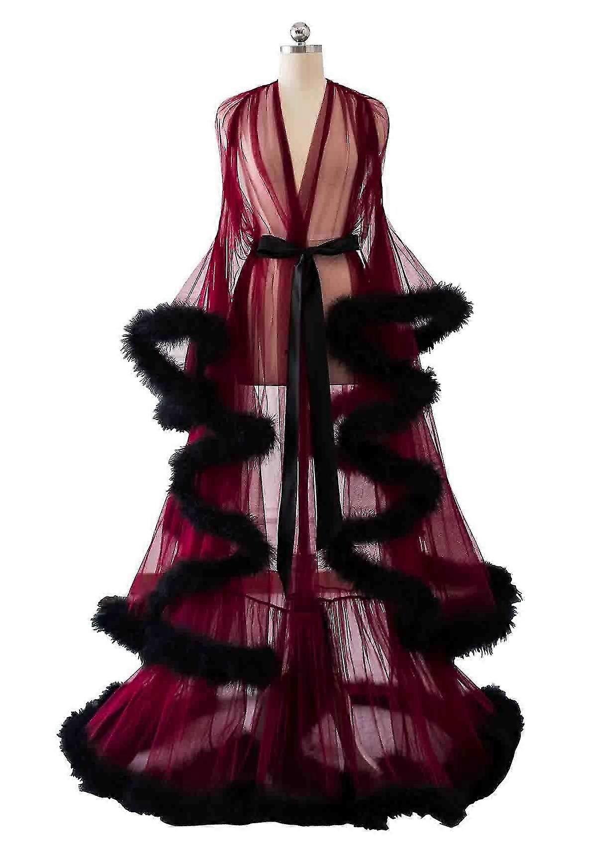 Brude Boudoir, Fjer Trim Sheer, Tulle Illusion, Long Robe Dress Set-3 ...