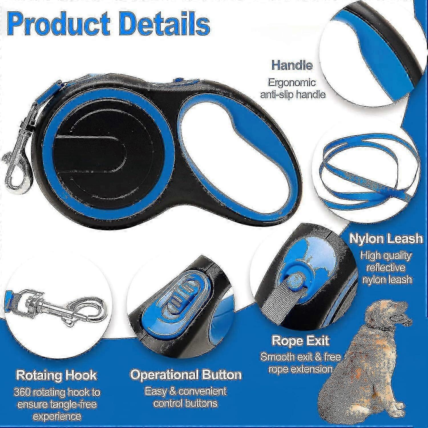 Retractable Dog Leash, One Button Brake And Lock, Tangle-free 360 ...