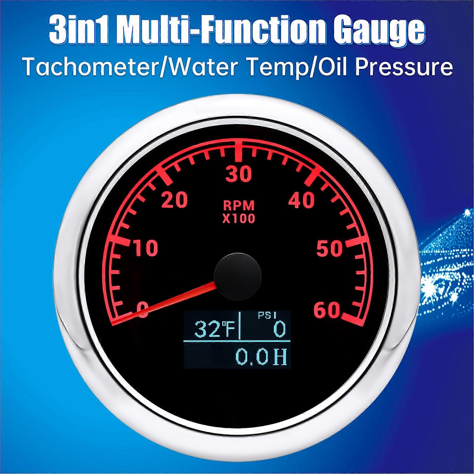 85MM RPM Tachometer Gauge 3 In 1 Multifunction Tacho Meter with Water ...
