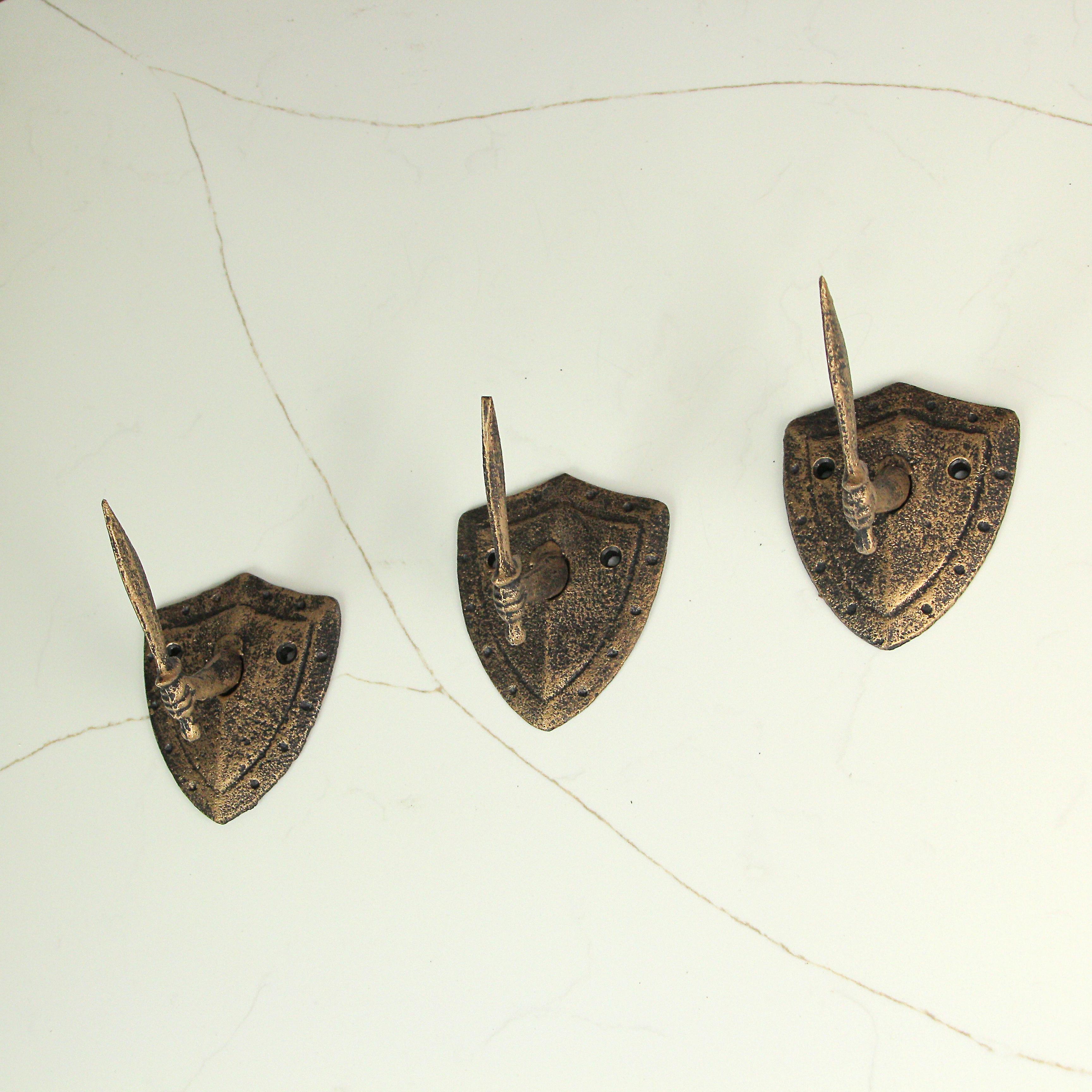 Zeckos Cast Iron Fun Wall Hooks - Set of 3, Bronze Sword & Shield ...