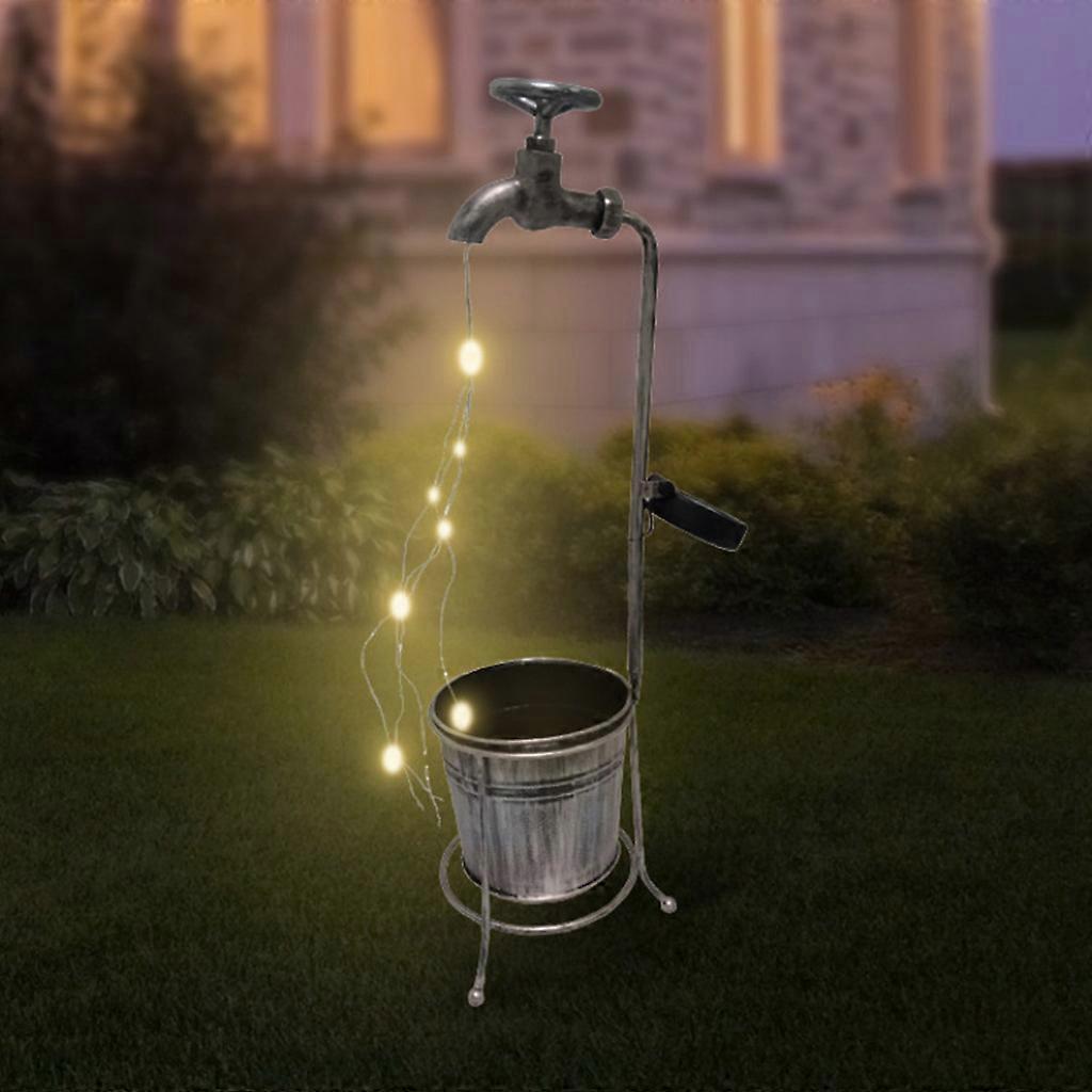 Solar Powered Water Faucet Garden Stake LED Lights Metal Flowerpot ...