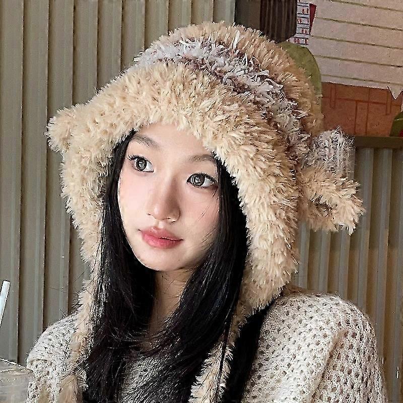 Autumn and winter color cute sheep ears furry hat women's striped face ...