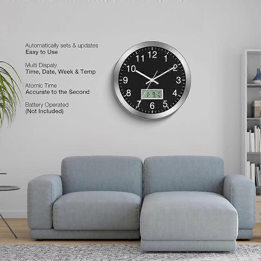 12Inch Wall Clock with Digital Date, Week & Indoor Temp - Battery ...