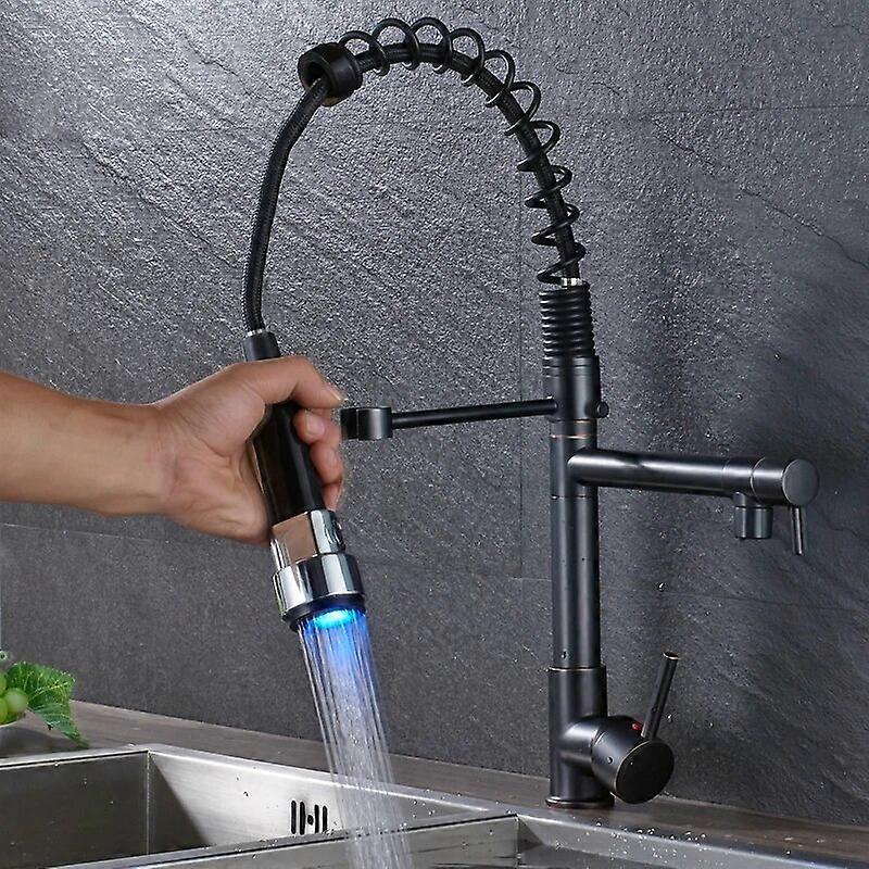 LED Light Black Bronze Dual Spout Kitchen Faucet Single Handle Spring ...