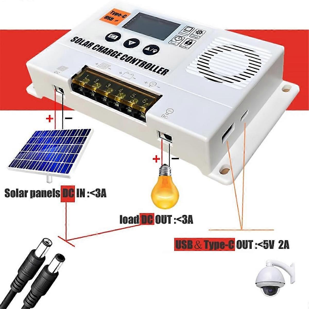 12/24V 30A PWM Solar Charge Controller, Solar Panel Regulator with LCD Display for Lithium and ...