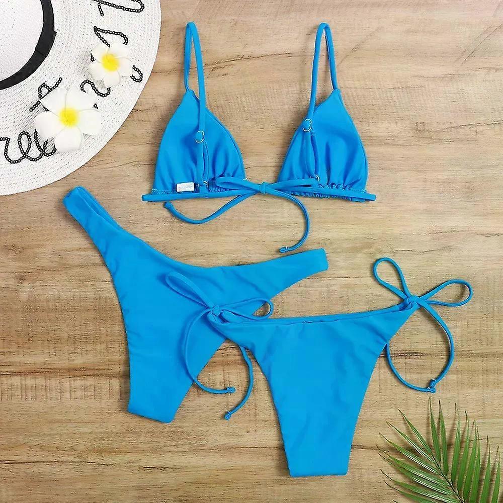 Sexy 3 Piece Bikini Set Women Solid Blue Purple Push Up Bandage ...