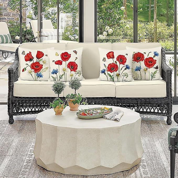 Set of 4 Poppy Flower Cushion Cover 45 x 45 cm Red Poppy Flowers ...