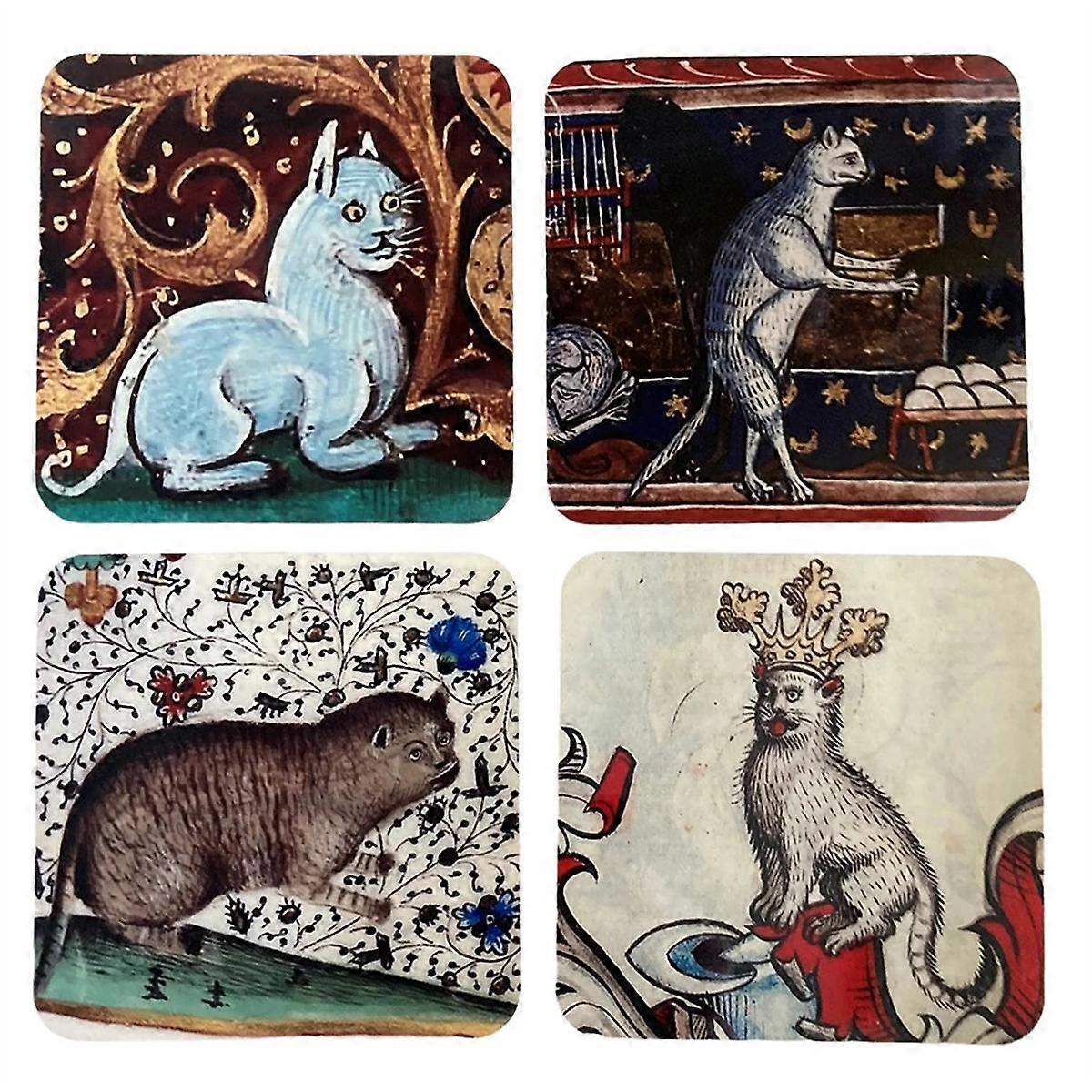 4PCS Medieval Cat Coasters for Drink Set Cat Pattern Round Coasters ...