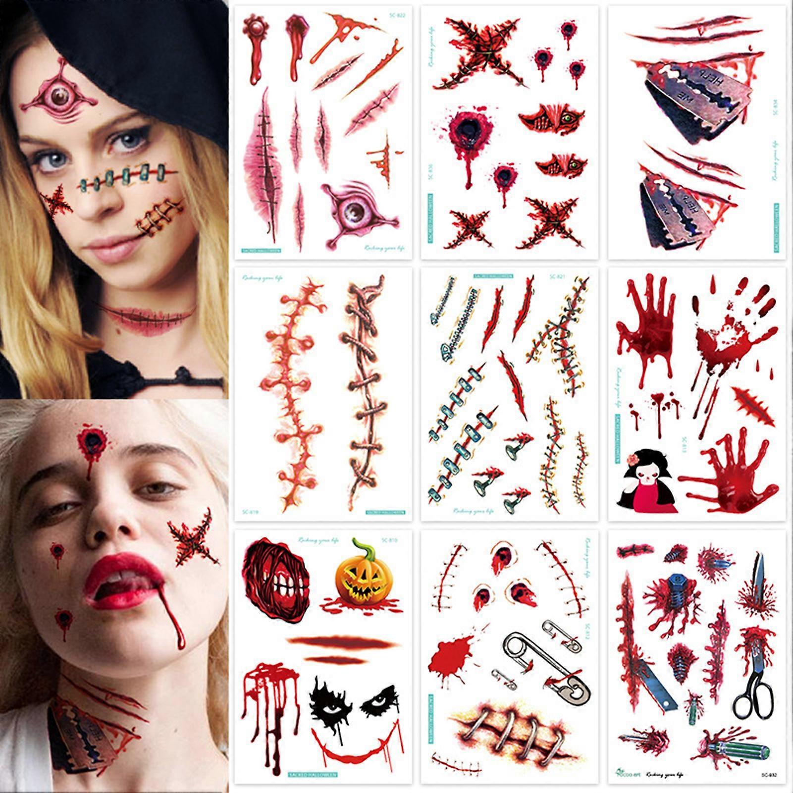 10Pcs Halloween Tattoo Stickers Scar Temporary Cosplay Body Art Decal ...