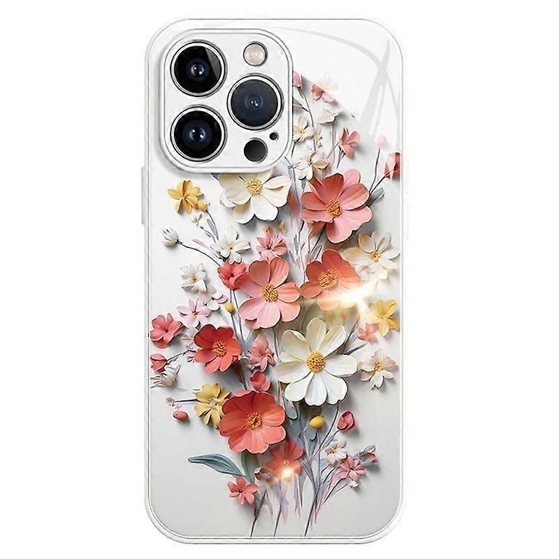For iPhone 14 Pro Case Summer Bouquet Design Tempered Glass Back Phone ...