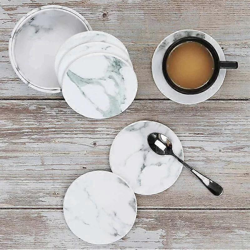 6 Piece Round Coaster Set with Holder Marble Texture Drinks Coasters ...