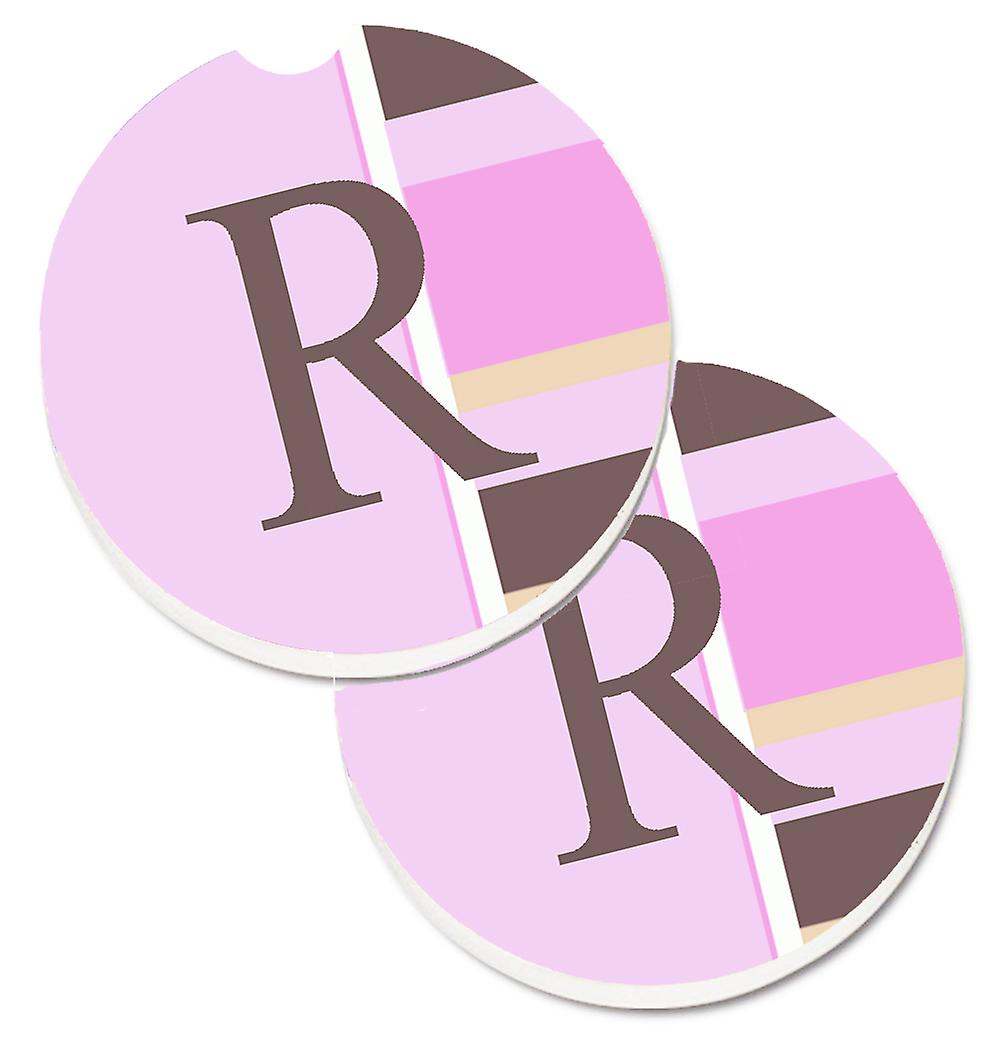 Letter R Initial Monogram - Pink Stripes Set of 2 Cup Holder Car ...