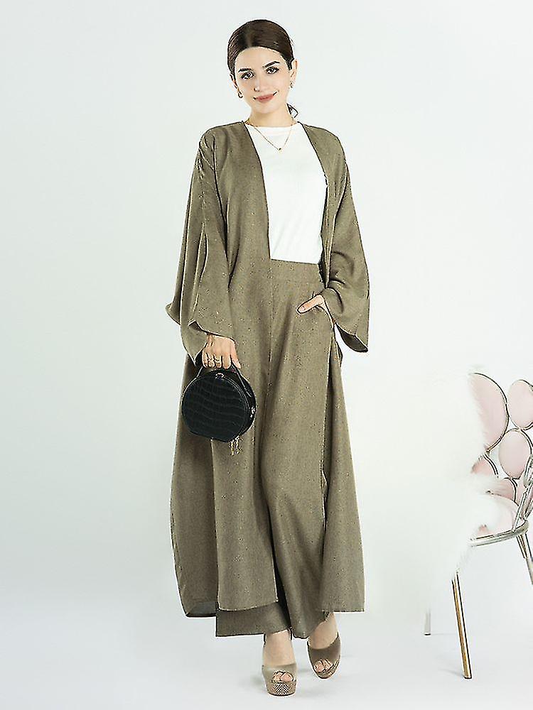 Linen Muslim Sets Dubai Turkey Abaya Kimono + Straight Leg Pants ...