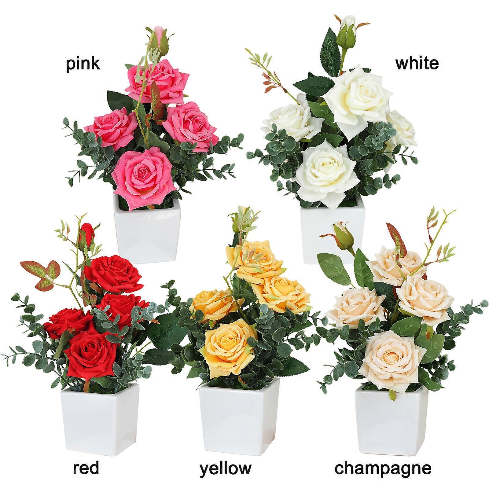 Artificial Rose Bush Tree Potted Plant Red Faux Flowers Home Decor ...