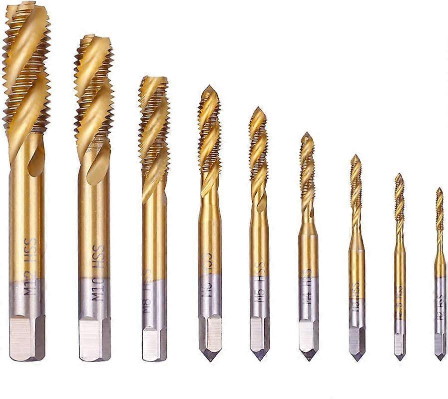 9 Pack of M2 M2.5 M3 M4 M5 M6 M8 M10 M12 Titanium Coated HSS Spiral ...