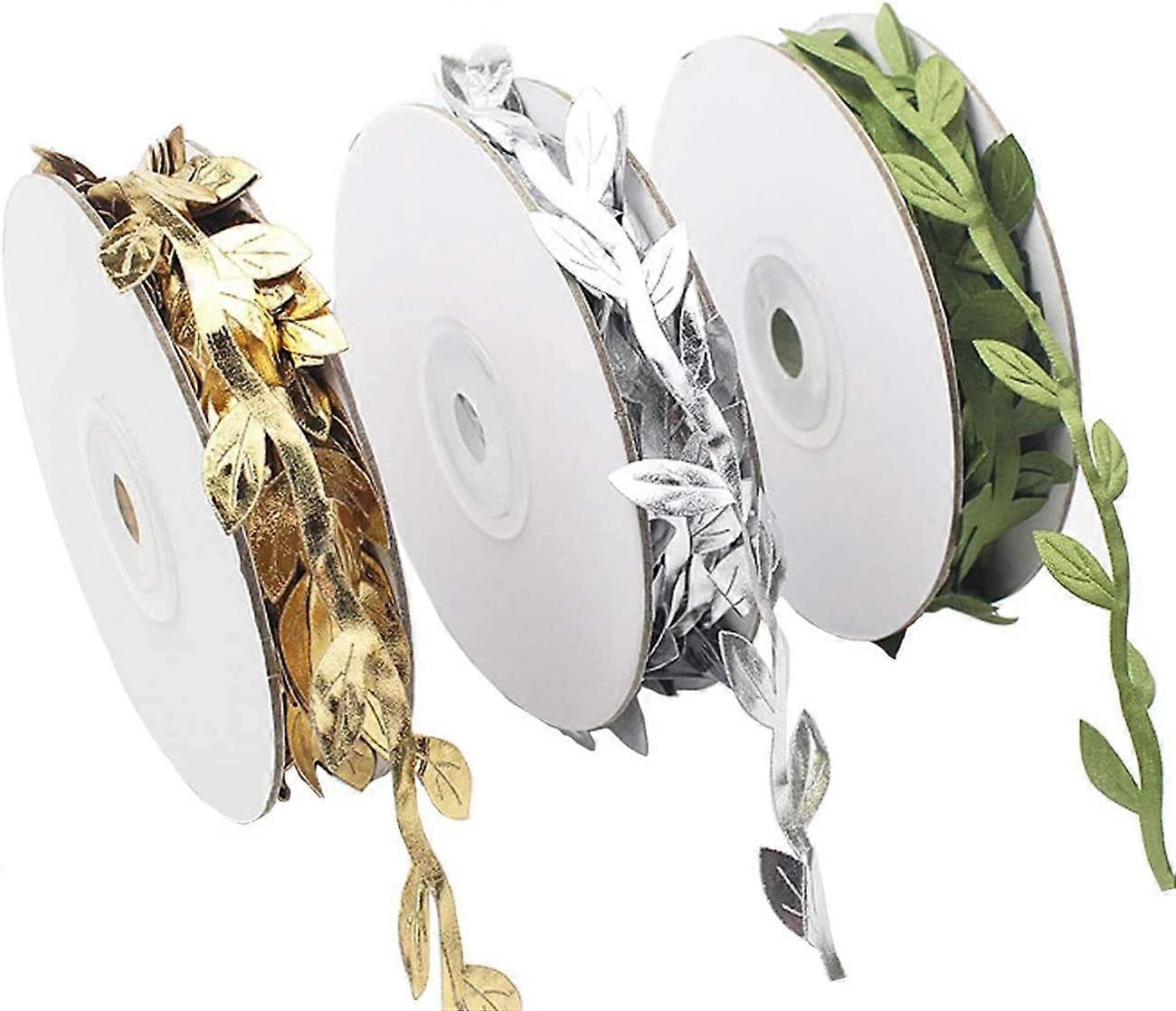 3 Rolls 10 Yards Leaf Ribbons, Olive Green Leaf Ribbon, Gold Leaf ...