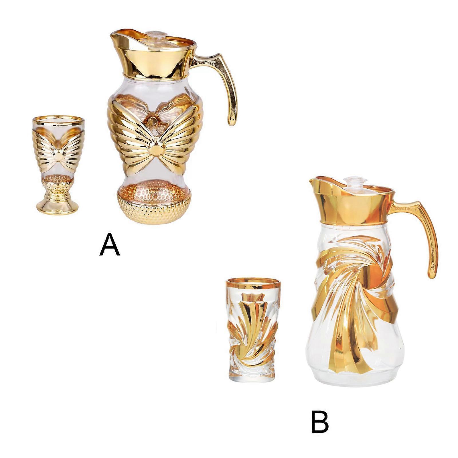 Golden Glass Water Pitcher Set with 6 Cups on Buffet Table or ...