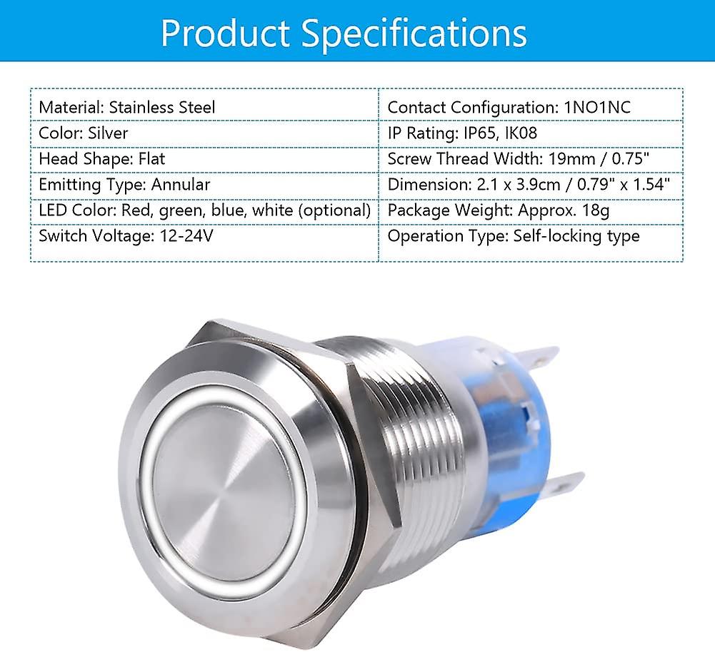 12v Led Self-latching Latching Button Switch, 19mm Waterproof Stainless ...