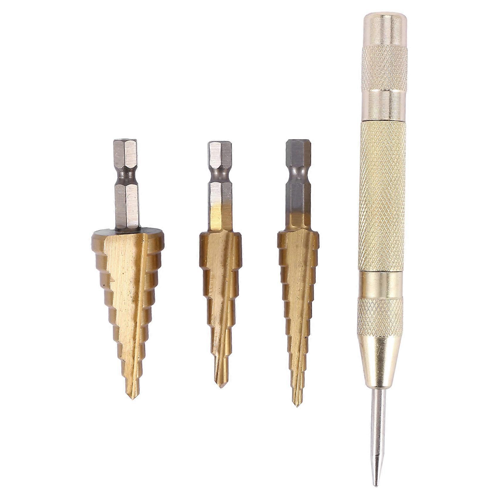 3 pcs HSS Titanium Step Drill Bit Set & 1 pcs Automatic Center Punch ...