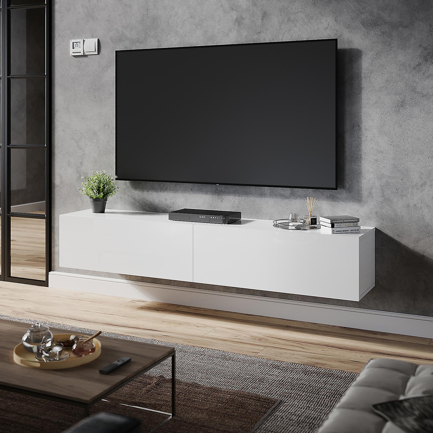 ELEGANT Floating TV Unit Cabinet With Ambient lighting White Pull-down ...