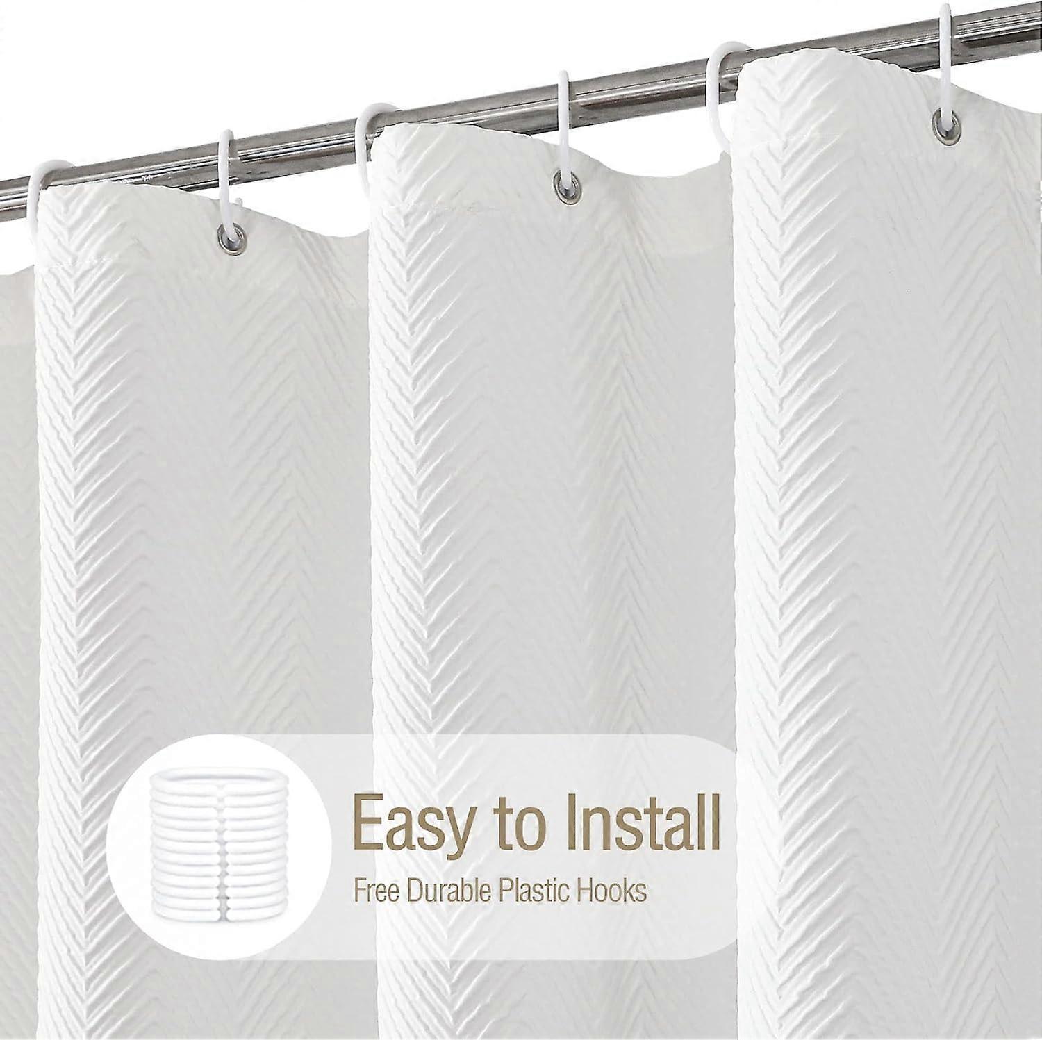 White Shower Curtain, 3D Embossed Textured Herringbone Fabric Modern ...