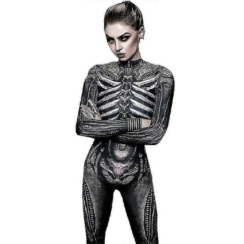 Womens Halloween Costume Skeleton Print Bodysuit Skinny Jumpsuit ...
