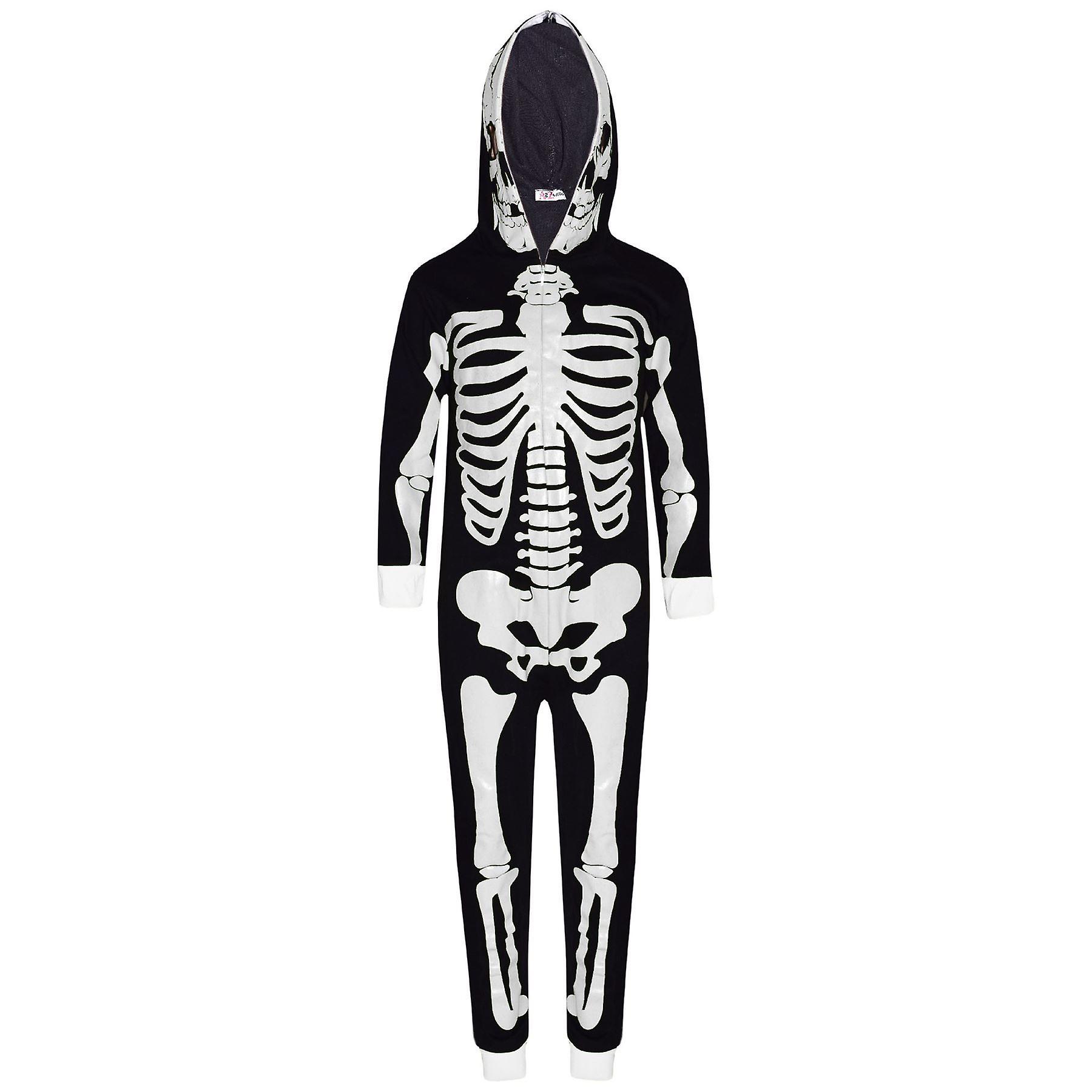 Kids Unisex Skeleton Print Pyjama Onesie White All In One Halloween ...