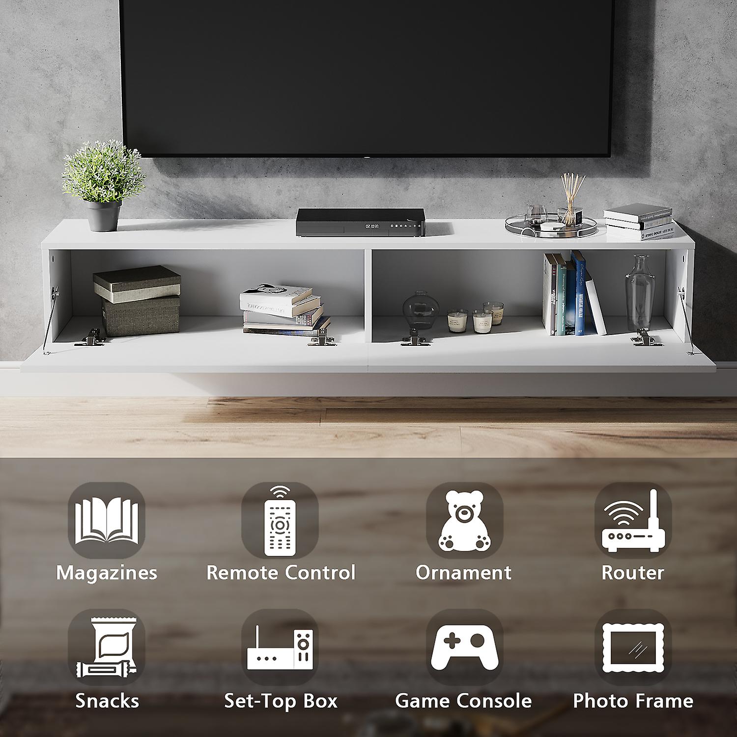ELEGANT Floating TV Unit Cabinet With Ambient lighting White Pull-down ...
