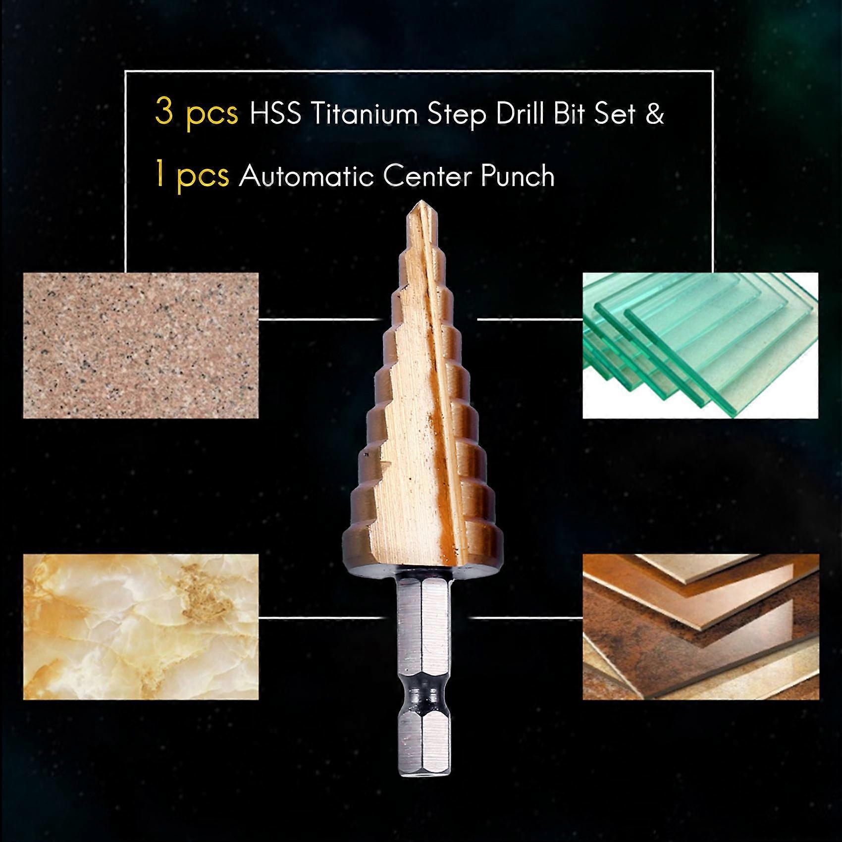 3 pcs HSS Titanium Step Drill Bit Set & 1 pcs Automatic Center Punch ...