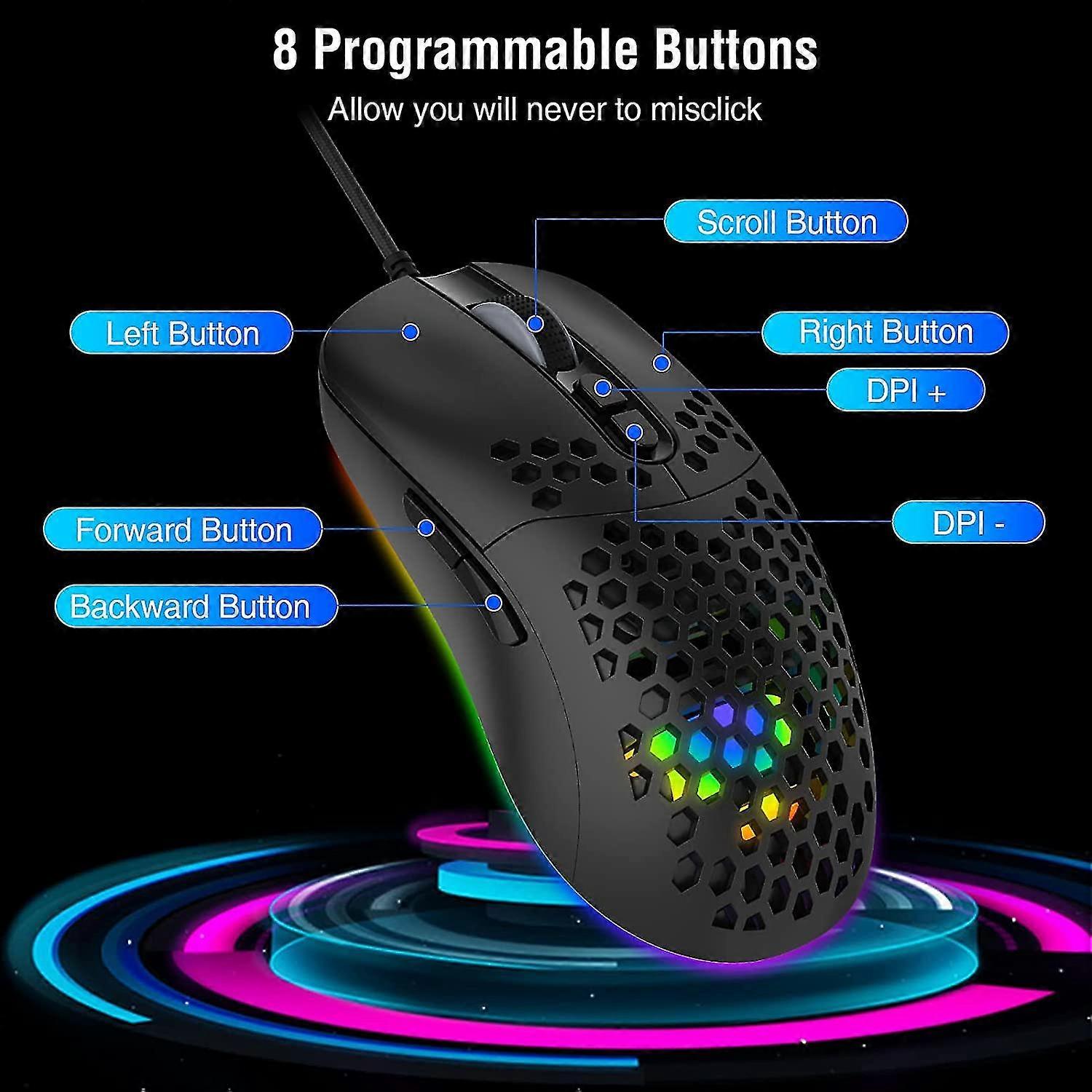 Wired Rgb Gaming Mouse, Ultra-lightweight, Honeycomb Shell,rgb Led ...