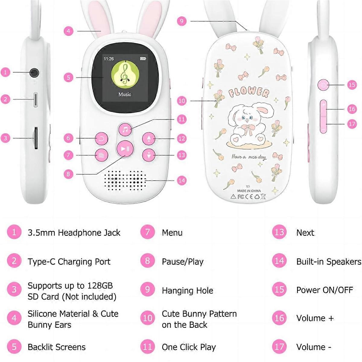 32GB Music MP3 Player for Kids, Cute Bunny Kids Music MP3 Player with ...