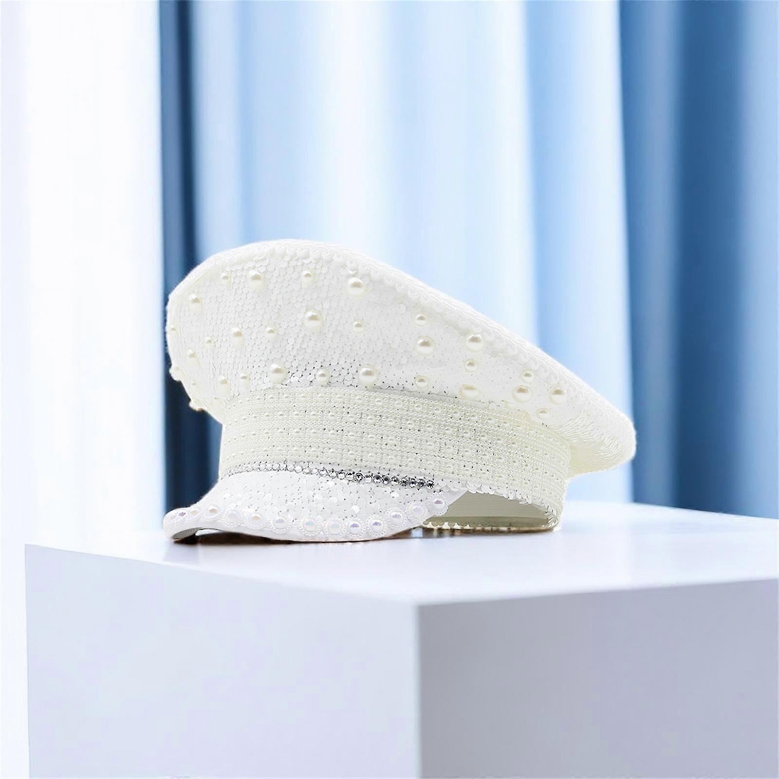 Woman Wedding Hat with Pearl/ Sequins Decor Stage Show Hat Military Hat ...