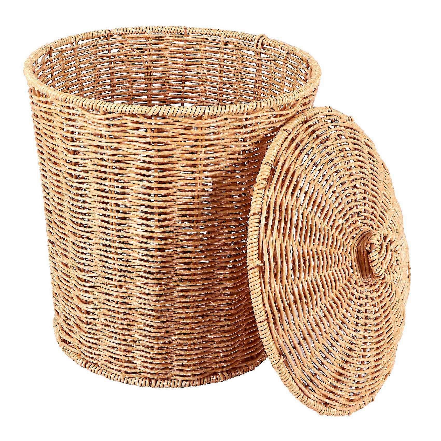 Woven Basket Trash Can Round Rattan Waste Basket With Lid Planter Woven ...