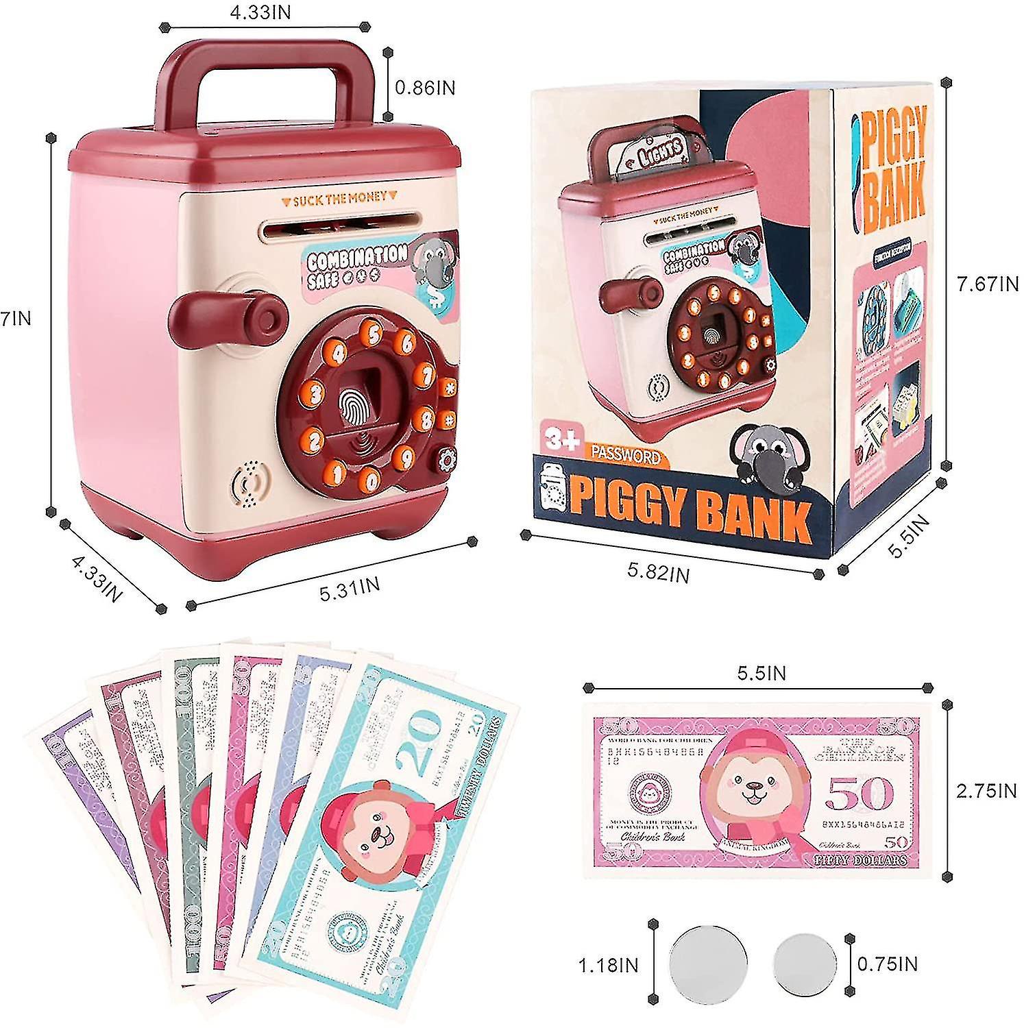 Pink Piggy Bank For Kids Girls, Electronic Money Bank Mini Atm Toy, Real Money Saving Box With ...