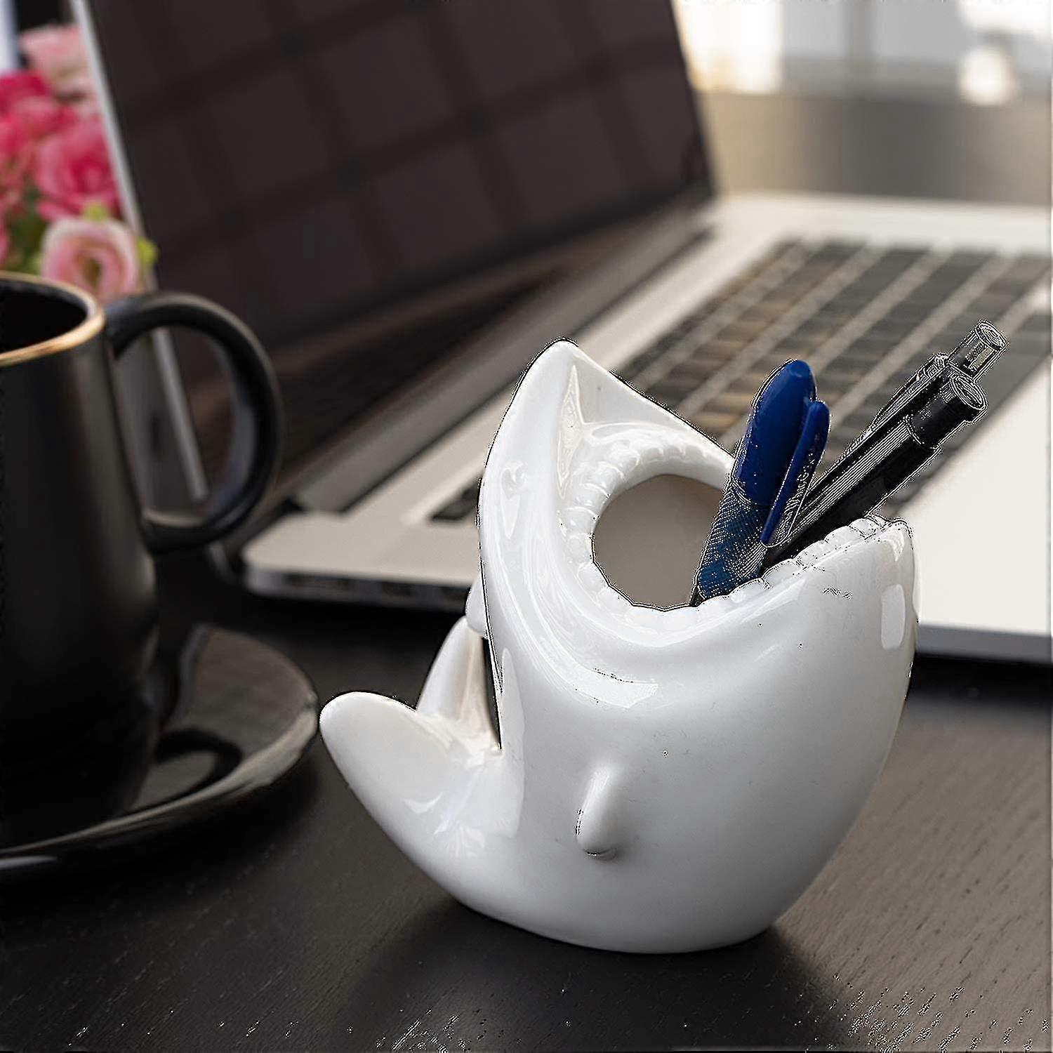 Cute Shark Shaped Pen Pencil Holder, White Ceramic Succulent Planter ...