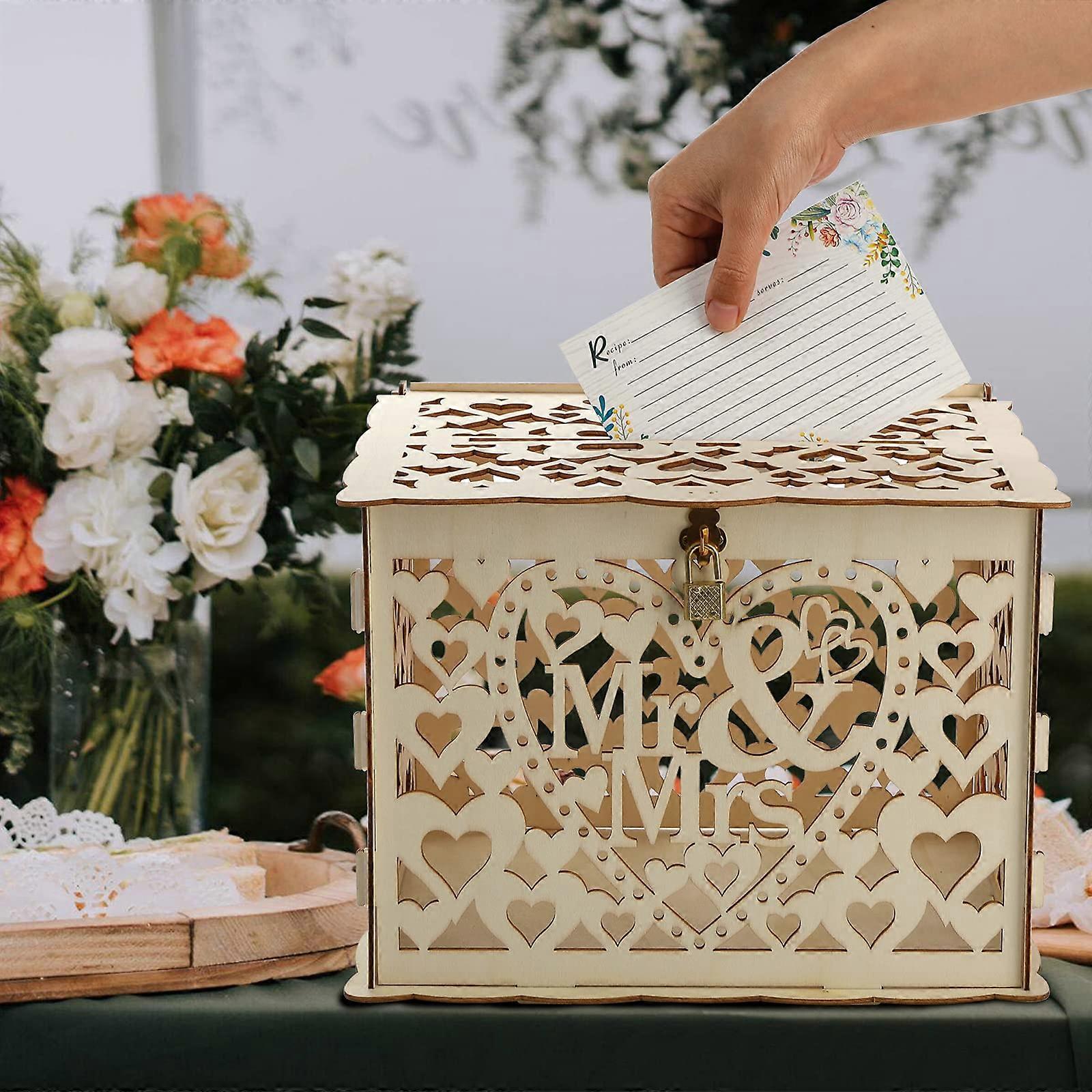 Wood Wedding Card Box with Lock and Cards Sign Rustic Large Hollow ...