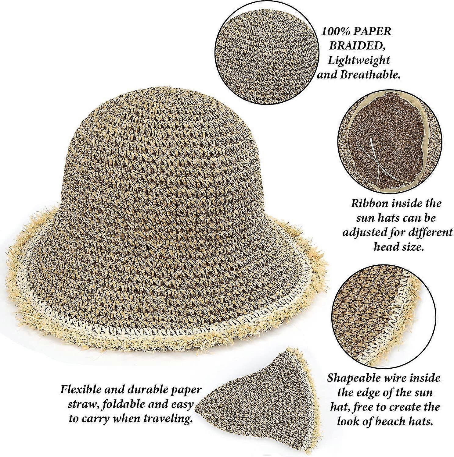 Womens Summer Frayed Straw Bucket-sun-hats Floppy Wide Brim Beach Straw ...