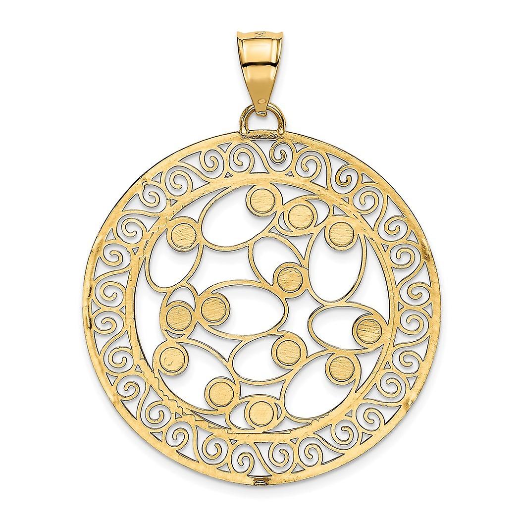 14k Yellow Gold Textured Polished Rhodium Sparkle Cut Filigree Pendant ...