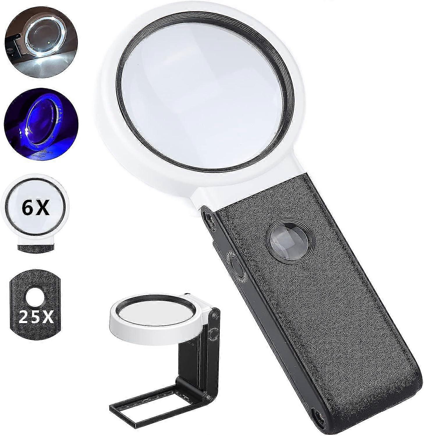 25x 6x Lighted Reading Magnifier, Magnifying Glass With 6 Led 2uv Light ...