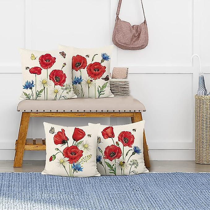 Set of 4 Poppy Flower Cushion Cover 45 x 45 cm Red Poppy Flowers ...
