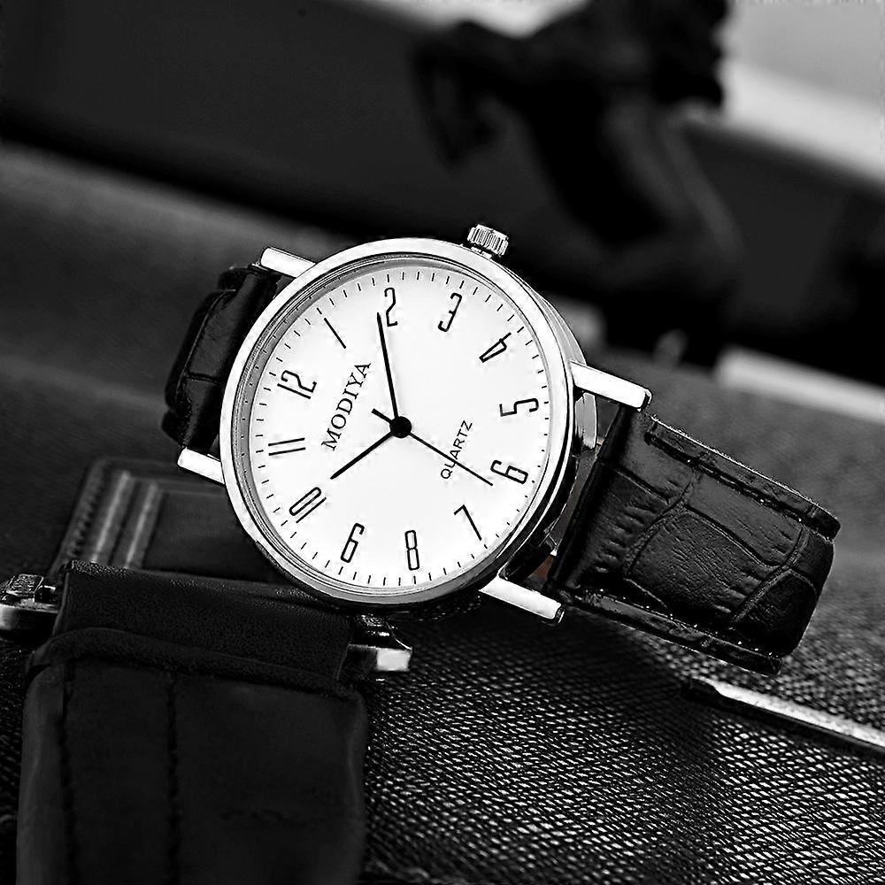 MODIYA Leather Strap Quartz Watch Numeric White Black | Fruugo UK