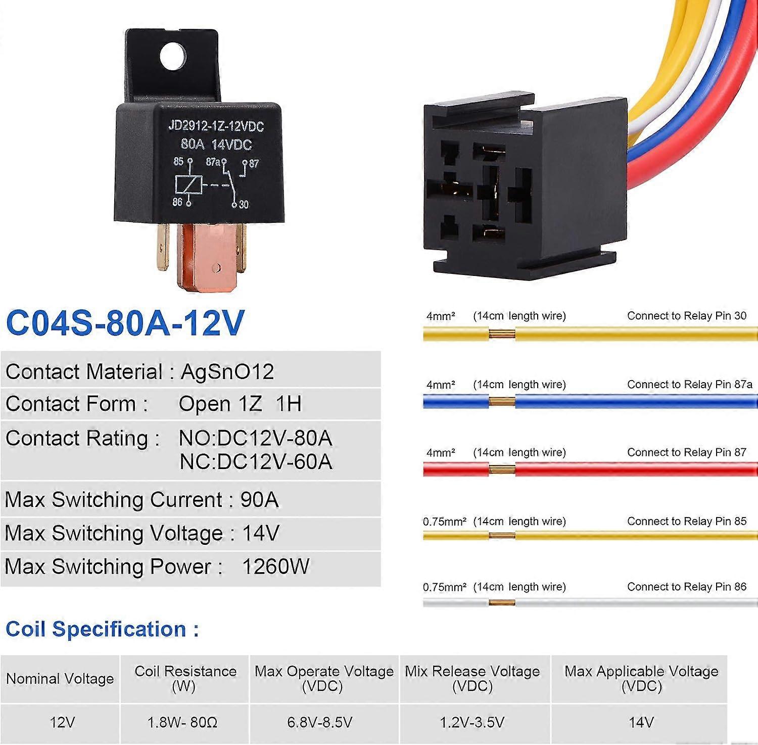 2 Pack Car Relay 12V 80 APM 5 Pin, Changeover Relay with Socket Holder ...