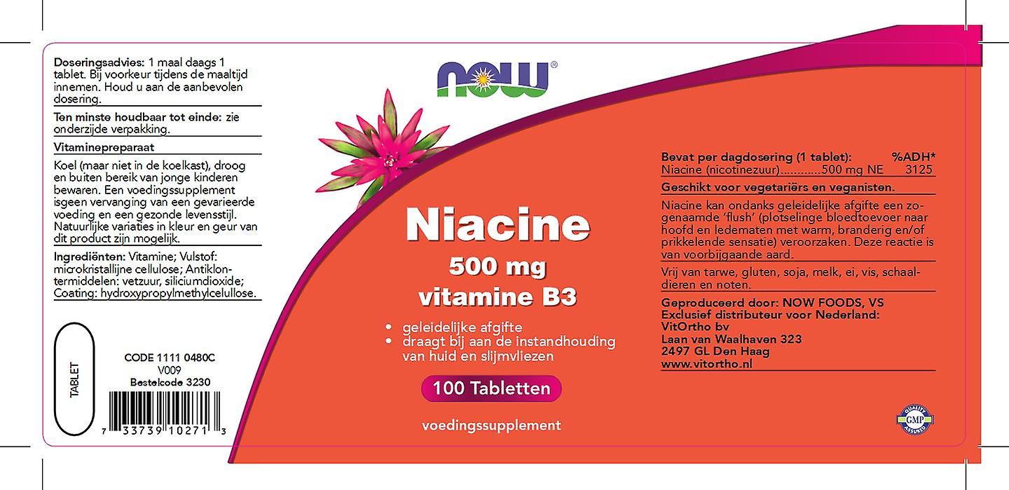 Niacine 500 mg vitamine B3 geleidelijke afgifte (100 tabs) - NOW Foods ...