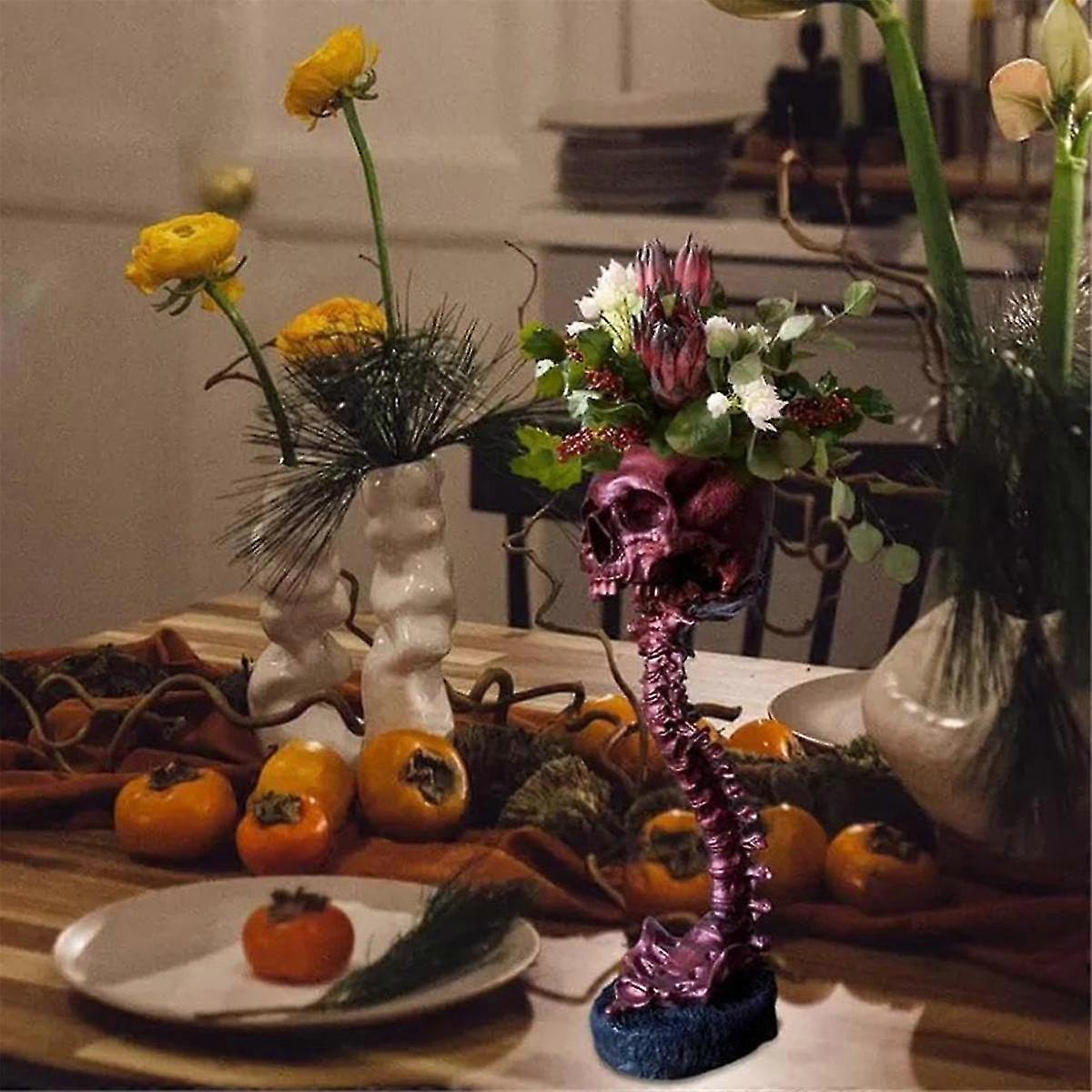 Resin Skull Planter & Spine Stand Set, Polyresin Skulls Pot, Halloween ...