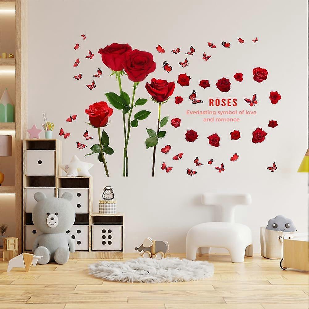Red Rose Wall Stickers Rose Flower Butterfly Wall Decal Floral DIY ...