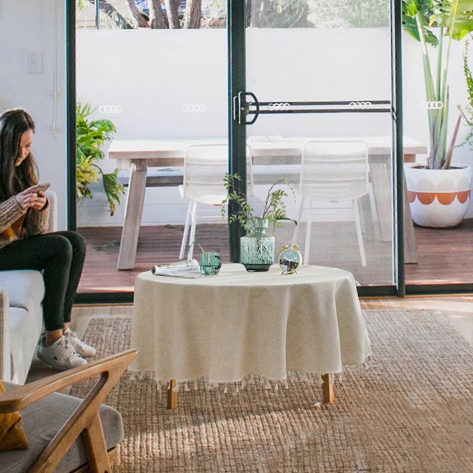 Round Tablecloth, Washable Linen Cotton Tablecloth Wrinkle-Free Tassel ...