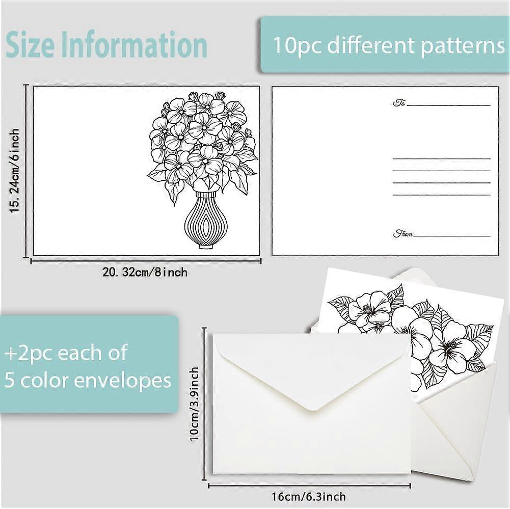 10Pcs Flower Coloring Greeting Cards Flower Vase Painting Greeting Card ...