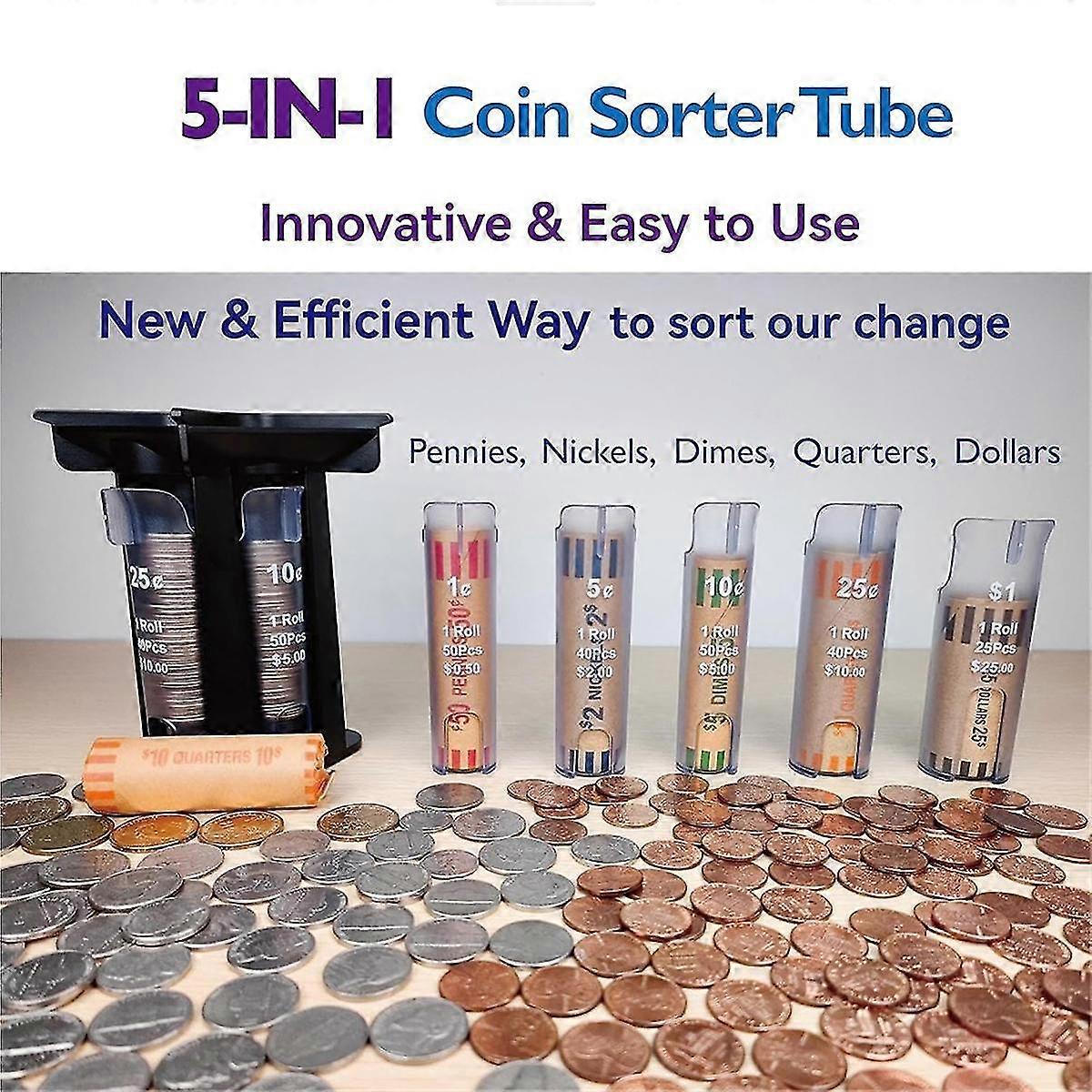 Coin Sorter Tube Coin Counter With Coin Wrappers,5-in-1 Change Sorter ...